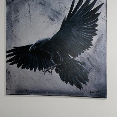 Black Raven & Golden Moon Phases Art Print Flying Raven - Etsy