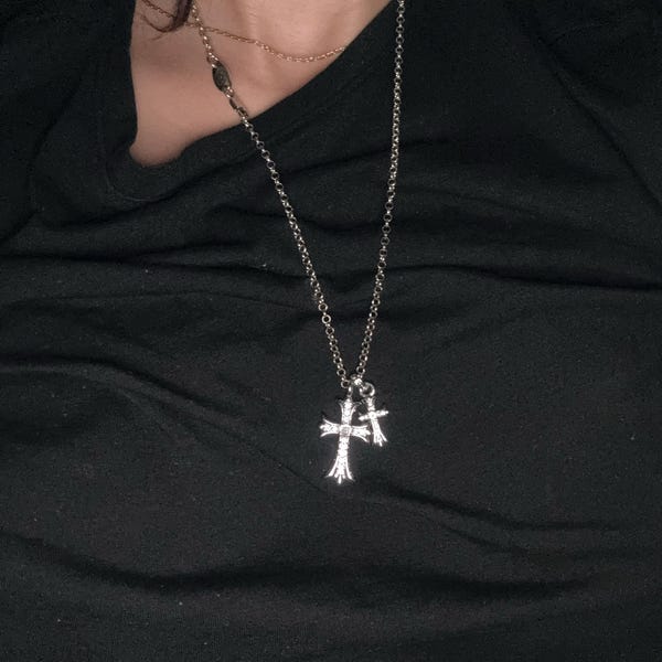 Stainless Steel Silver Baroque Double Cross Necklace - Etsy