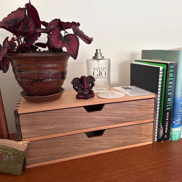 Solid Walnut & Beech Wood Desktop Organizer | 2 Tier Stationery Storage ...