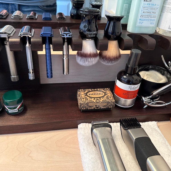 Safety Razor and Shaving Brush Stand Double Decker Wooden, Room for ...