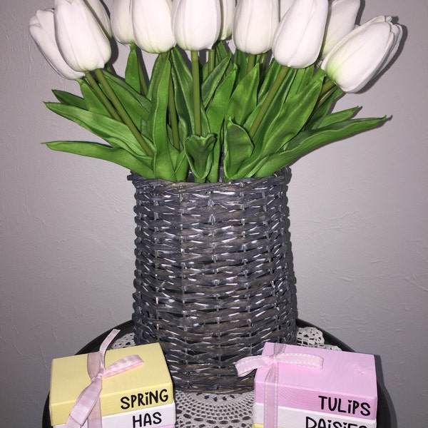 Spring Flowers Wooden Books, Spring Decor, Mini Wood Book Stack, Easter ...