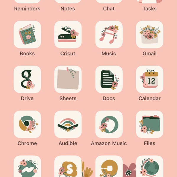 Hand Drawn Ios 14 Icons iPhone Icons, Handdrawn App Icons Green Floral ...