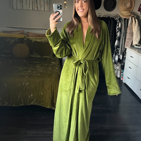 Bohemian Long Robe From Organic Cotton Velvet / Green Robe / Dressing ...