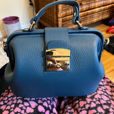 Dark Blue Leather Doctor Handbag, Handmade Leather Doctor Style Bag ...