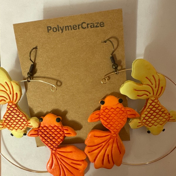 Polymer Clay Goldfish Hoop Earrings, Goldfish Hoop Earrings, Gold Fish ...