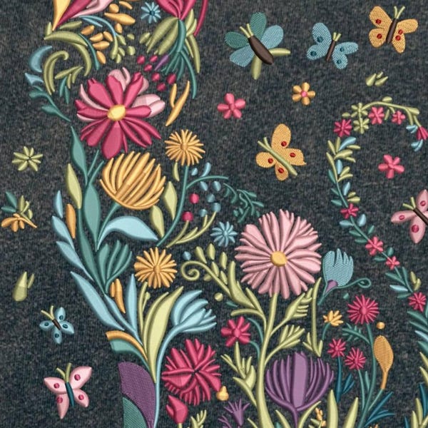 Floral Cat Embroidery Design File, Botanical Kitty Machine Embroidery ...
