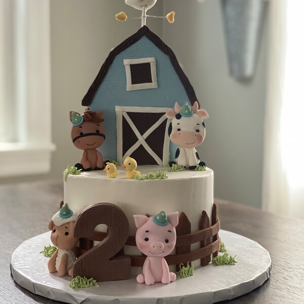 Farm Cake Topper With Party Hats, Baby Shower Fondant Cupcake Cow Horse ...