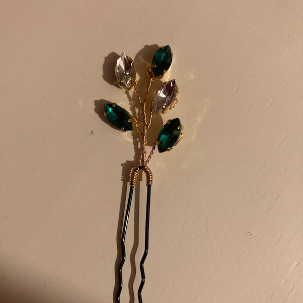 Gold Set - Green Emerald Sparkly Rhinestone Bridal Hair Pin, Gold ...