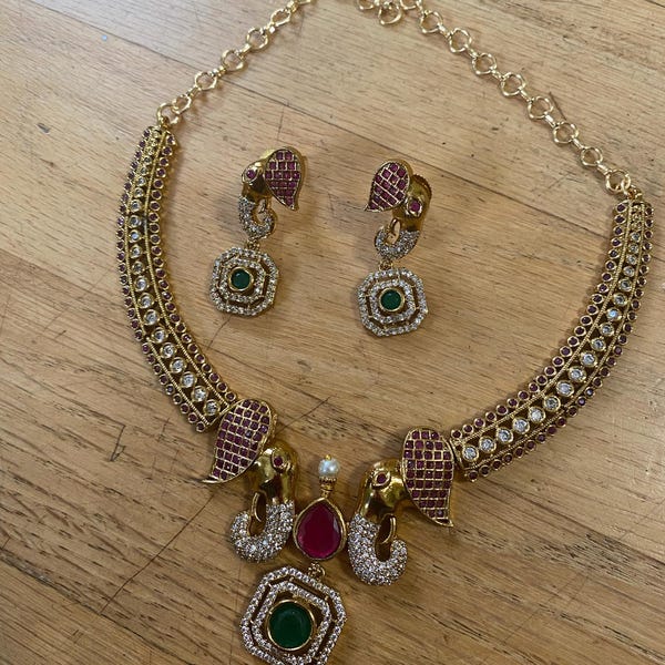 Traditional Mango Long Haram With Red Stone and Earrings/ South ...