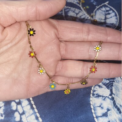 Enamel Flower Chain Daisy Chain Unplated Raw Brass Designer - Etsy
