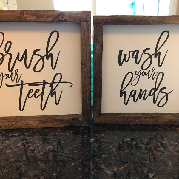 Wash Your Hands Brush Your Teeth Signs, Wall Decor, Shelf Decor, Wood ...
