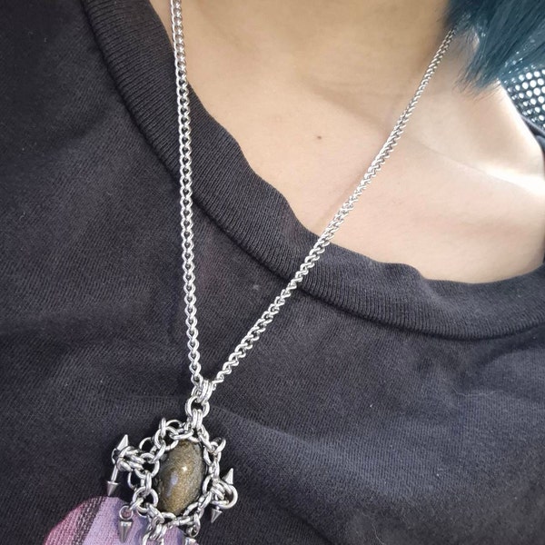 Golden Sheen Obsidian Chainmail Pendant Necklace, Stainless Steel ...