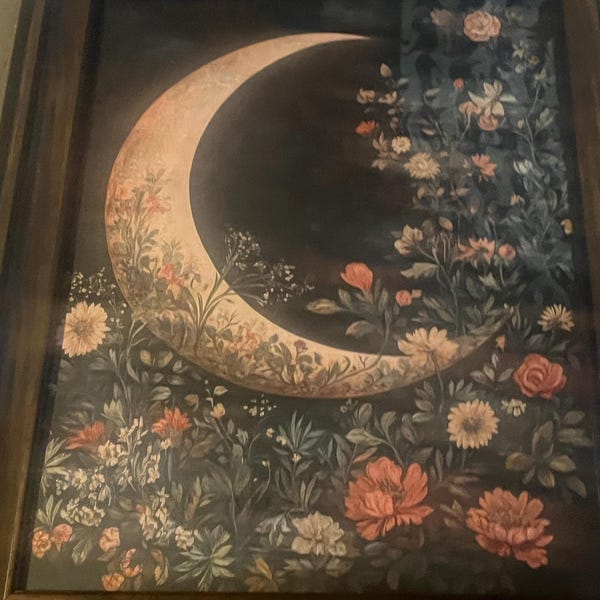 Floral Crescent Moon Dark Cottagecore William Morris Print, Lunar Wall ...