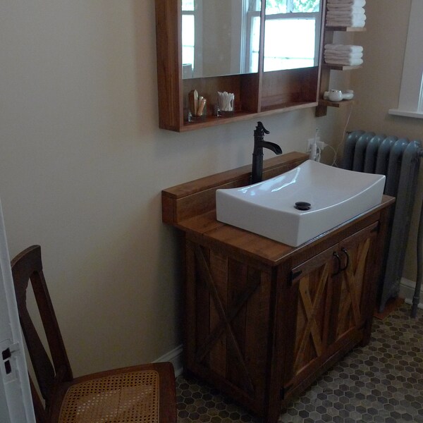 Rustic Barn Wood Vanity With Vessel Sink and Waterfall Faucet - Etsy