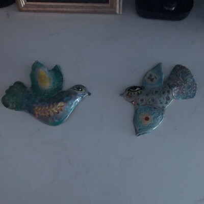 Family of Three Ceramic Wall Hanging Birds, Clay Blue Bird Wall ...