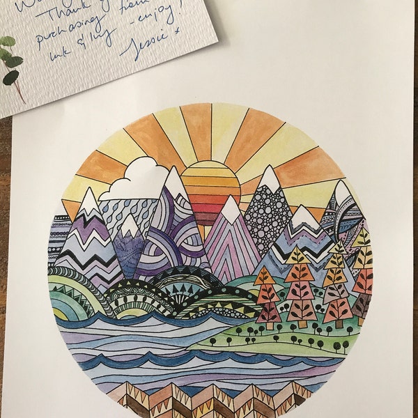 70's Zentangle Sunshine Art Print, Home Decor, Wall Art, Mountains ...