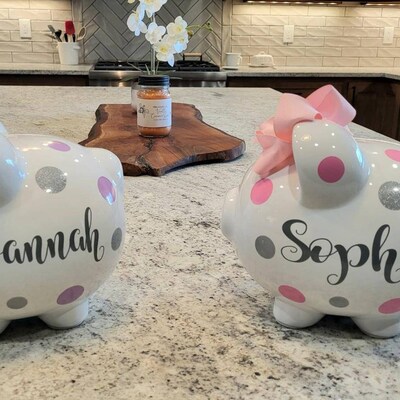 Personalized 9large Piggy Bank Light Pink and Glitter Silver Polka Dot ...