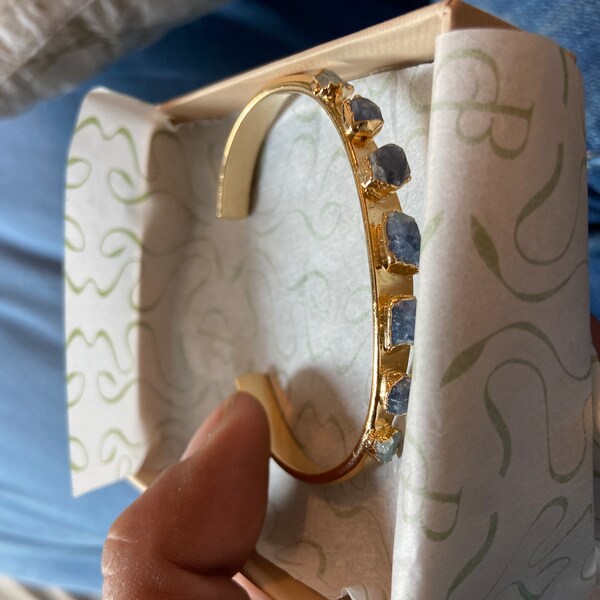 Raw Sapphire Cuff Bracelet, Aquamarine Birthstone Bangle Bracelet, September Birthstone Bracelet ...