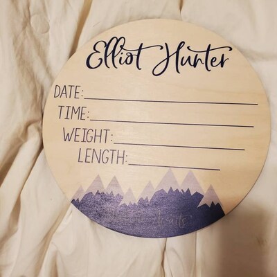 Birth Stat Sign, Round Wood Birth Stat Sign, Mountain Nursery Theme ...