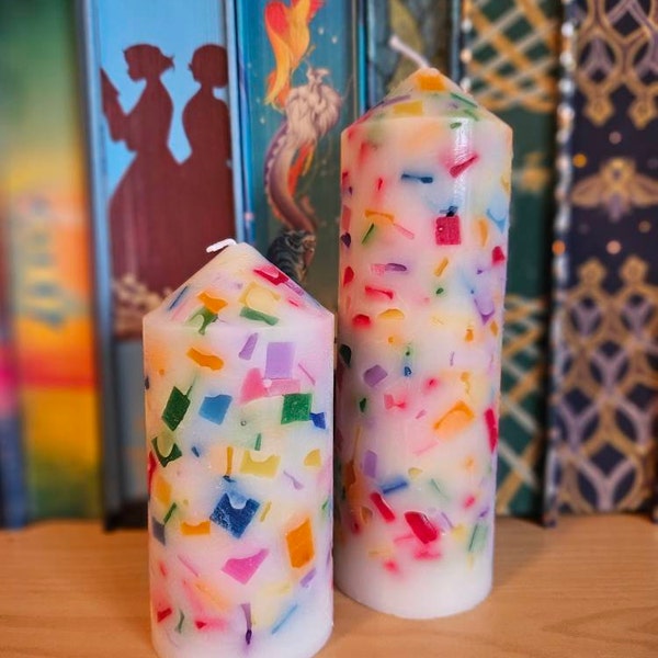 2 Rainbow Chunk Cylinder Pillar Candles, Rainbow Confetti Candles ...