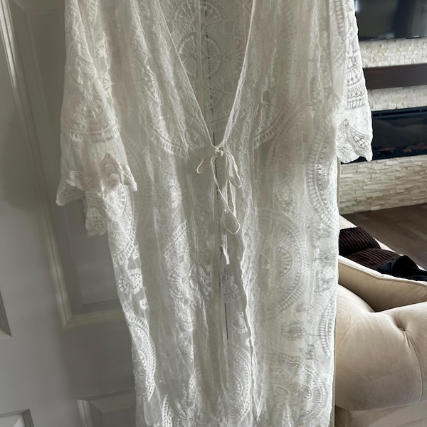 White Scalloped Sheer Mesh Lace Maxi Duster Boho Kimono Coverup Wrap ...