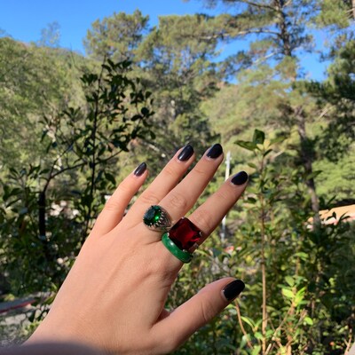 Ruby Ring/ Sterling Silver/ 20ct Big Huge Square Cut Simulated Red Gem, Vintage Art Deco Revival ...