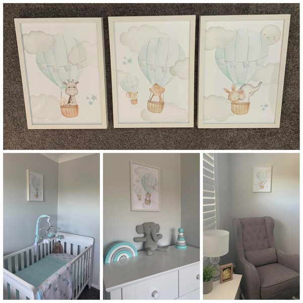 Hot Air Balloon Nursery, Nursery Decor Animals, Nursery Wall Art Mint ...