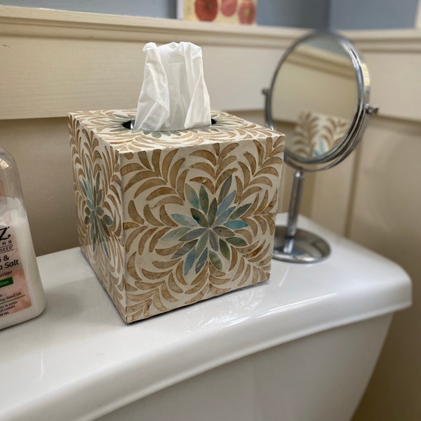 Aqua Floral Mother of Pearl Tissue Box Cover: Gold Leaf Inlay - Etsy