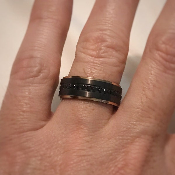 Flat Brushed Black Titanium Ring With Rose Gold Edges, Black Sapphire ...