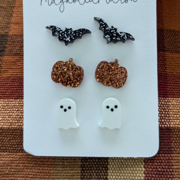 Acrylic Stud Set, Halloween Earrings for Girls, Orange Glitter Pumpkin ...