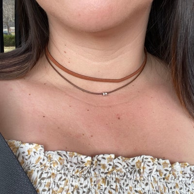 Double Wrap Choker, Brown Choker Necklace, Silver Bead Dainty Choker ...