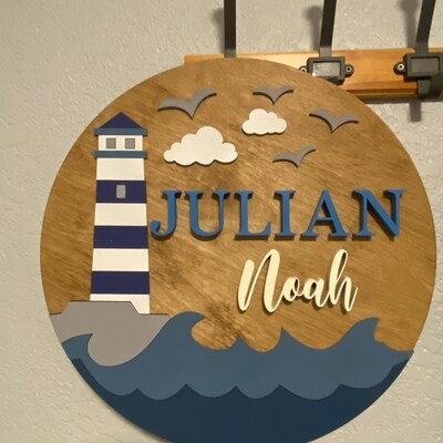 Lighthouse Name Sign, Nautical Nursery Theme, Round 3D Nursery Name ...