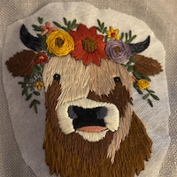 Floral Highland Cow Hand Embroidery Pattern, Fun Animal Embroidery ...