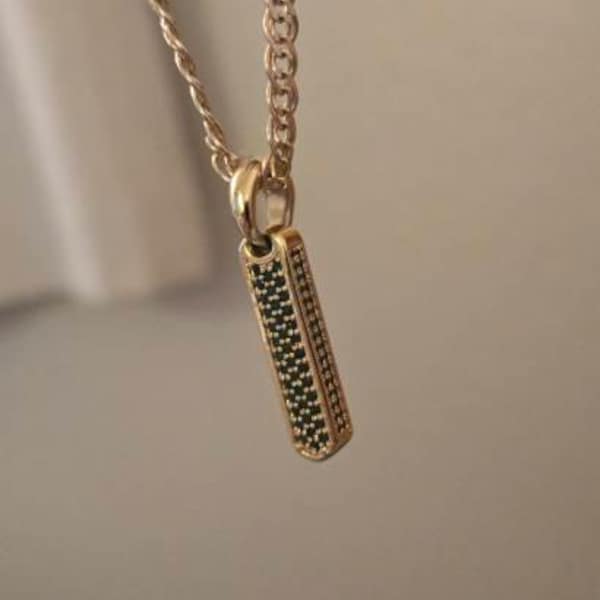 Men's Diamond Vertical Bar Pendant - Gold on Emerald Pavé Gemstones - Etsy