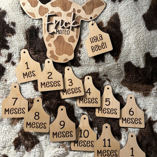 Engraved Wood Cow Tag Baby Milestone Photo Prop, Birth Announcement ...