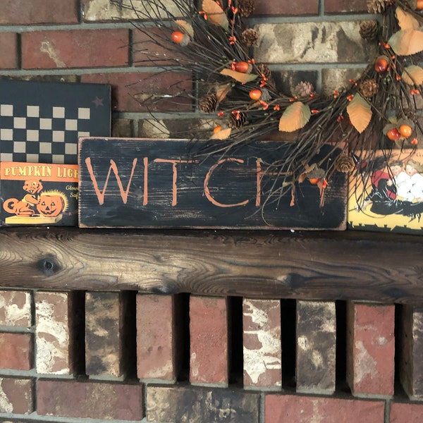 Primitive Halloween Sign WITCHY Distressed Shabby Country Folk Art ...