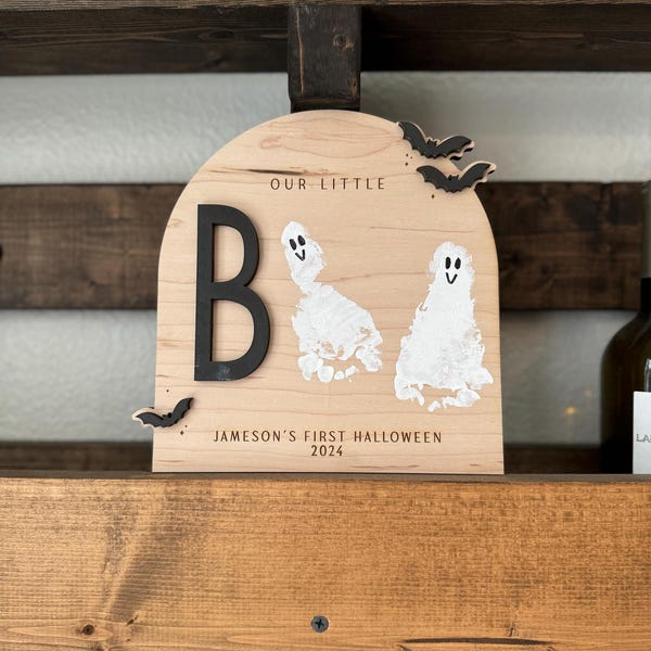 DIY Footprint Art, Baby's First Halloween, My Little Boo Sign, Wooden ...