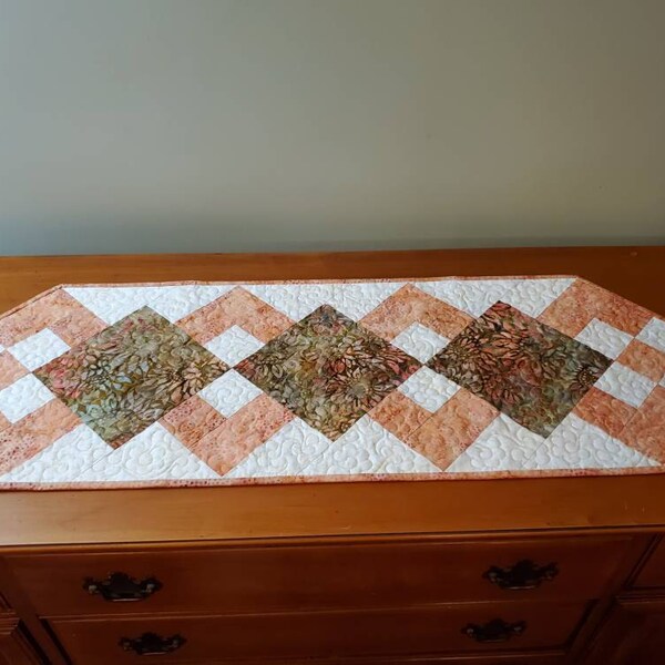 Quilted Batik Table Runner in Earth Tones With Blue, Modern Quilted ...