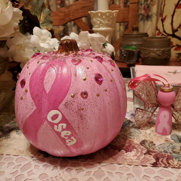 Pink Ribbon Breast Cancer Awareness Pumpkin: Handpainted Jeweled Decor ...