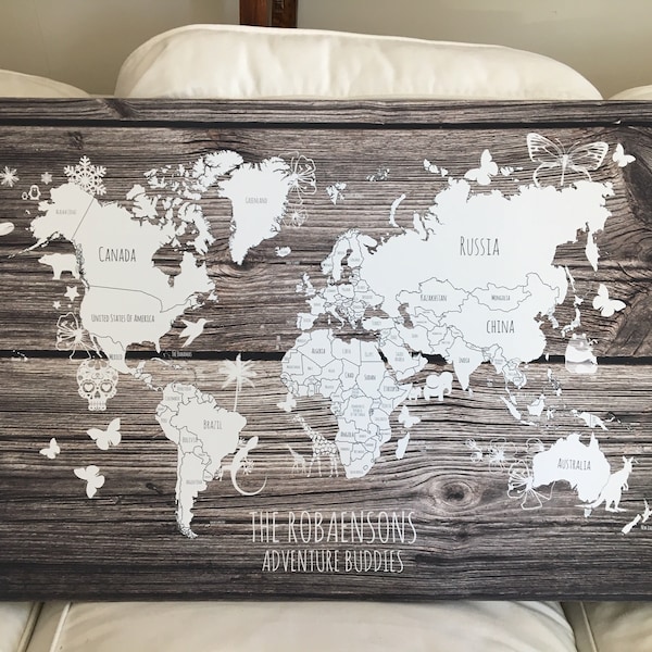 Personalised World Travel Push Pin Map - Wood Effect + Colour Options ...