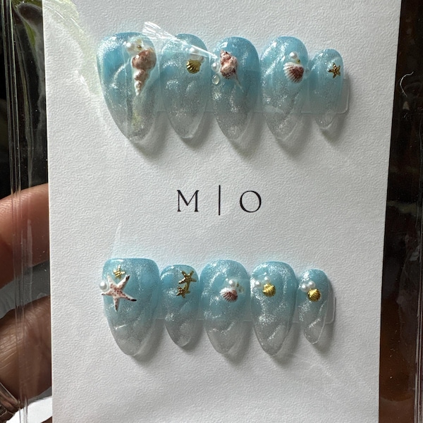 3D Y2K Aurora Mermaid Press on Nails, Aura Seashell With Pearl Reusable ...