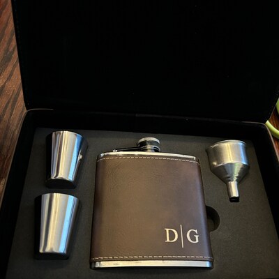 Groomsmen Gift, Personalized Flask Set for Men, Rustic Brown Leather ...