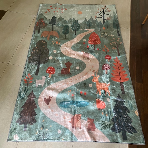 Fox Woodland Rug, Forest Animal Decor, Nature Inspired Area Rug ...