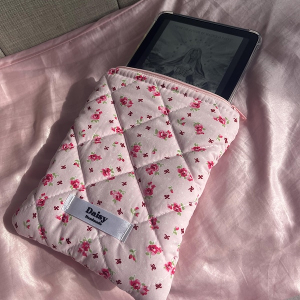 Quilted Laptop iPad Tablet Sleeve in Pink Rose With Pink Gingham Lining ...