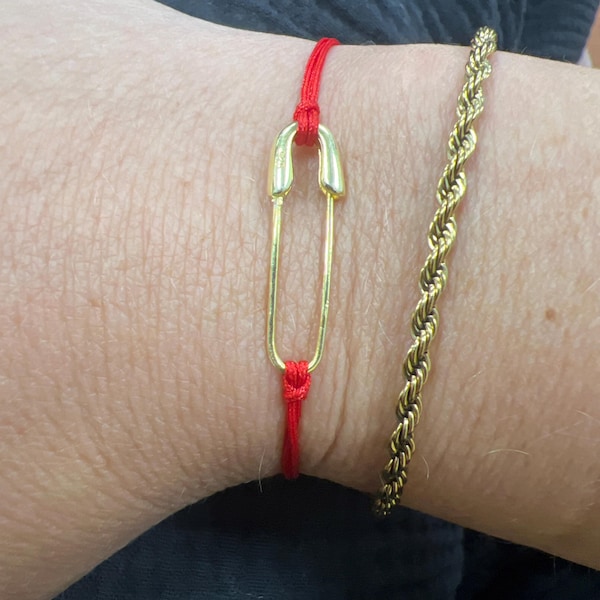 925 Safety Pin, Red String Bracelet, Paper Clip Bracelet, Minimal Gold ...