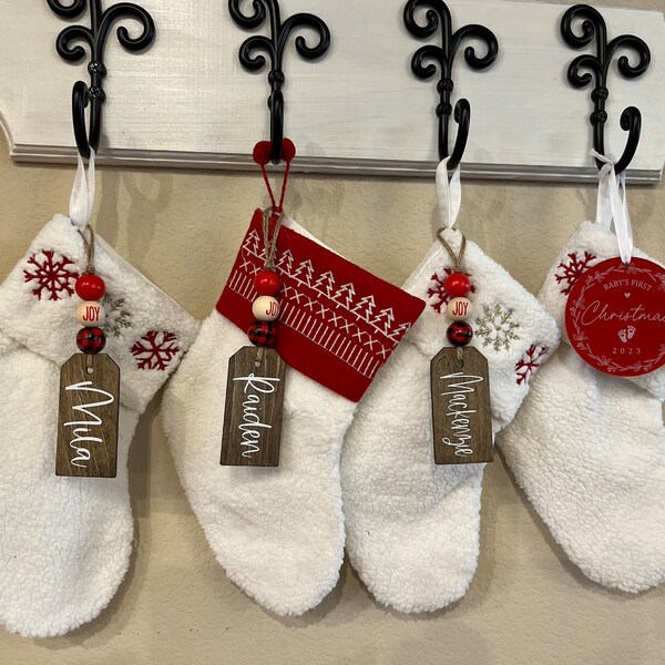Beaded Wooden Christmas Stocking Name Tag, Personalized Stocking Tag ...