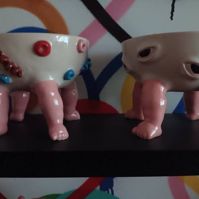 Hand Painted Plain Eyes Striped Handle Clay Coffee Mug, Funky Mug ...