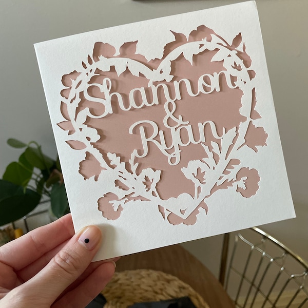 Floral Love Heart Personalised Card, Papercut Card, Personalised Names ...