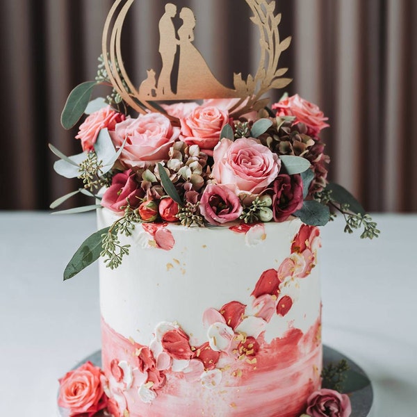 Boho Floral Wedding Cake Topper With Dog, Wreath Wood Cake Topper With ...