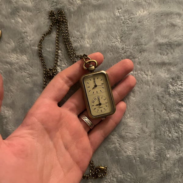 Vintage Look Dual Time Zone Pendant Watch - Brass Necklace, Retro ...